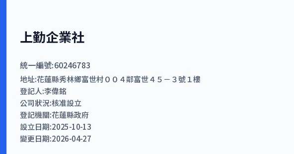 上勤企業社的照片-統編 60246783(花蓮縣) 公司登記資料與營業項目詳細圖表