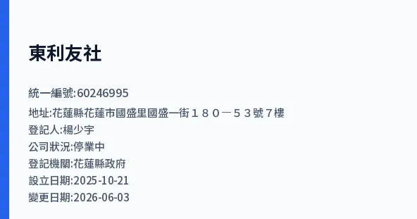 東利友社的照片-統編 60246995(花蓮縣) 公司登記資料與營業項目詳細圖表