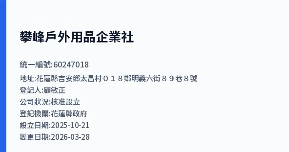 攀峰戶外用品企業社的照片-統編 60247018(花蓮縣) 公司登記資料與營業項目詳細圖表