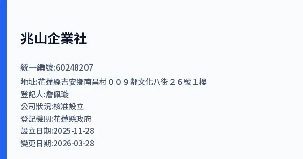 兆山企業社的照片-統編 60248207(花蓮縣) 公司登記資料與營業項目詳細圖表