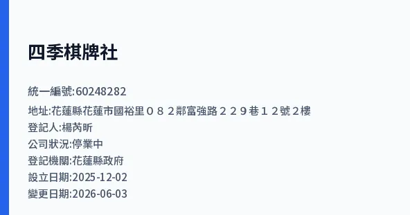 四季棋牌社的照片-統編 60248282(花蓮縣) 公司登記資料與營業項目詳細圖表