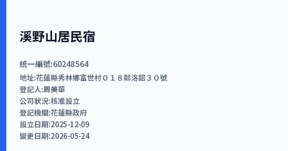 溪野山居民宿的照片-統編 60248564(花蓮縣) 公司登記資料與營業項目詳細圖表