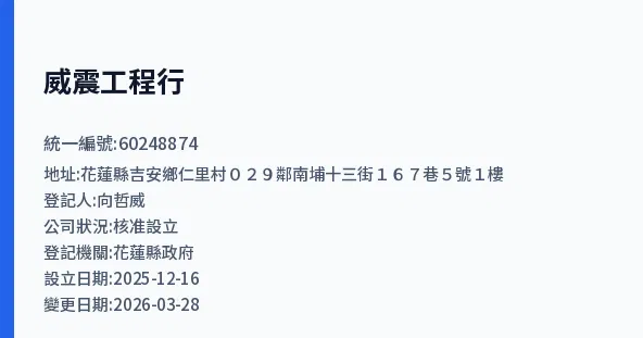 威震工程行的照片-統編 60248874(花蓮縣) 公司登記資料與營業項目詳細圖表