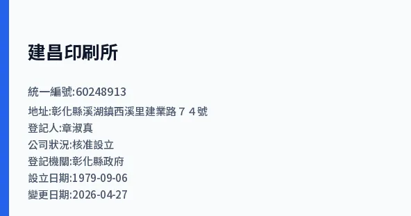 建昌印刷所的照片-統編 60248913(彰化縣) 公司登記資料與營業項目詳細圖表
