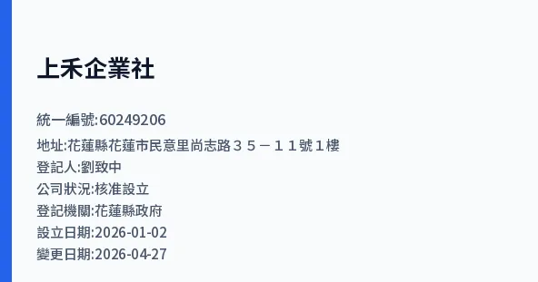 上禾企業社的照片-統編 60249206(花蓮縣) 公司登記資料與營業項目詳細圖表