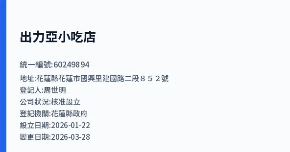 出力亞小吃店的照片-統編 60249894(花蓮縣) 公司登記資料與營業項目詳細圖表