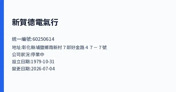 新賀德電氣行的照片-統編 60250614(彰化縣) 公司登記資料與營業項目詳細圖表