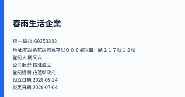 春雨生活企業的照片-統編 60253382(花蓮縣) 公司登記資料與營業項目詳細圖表