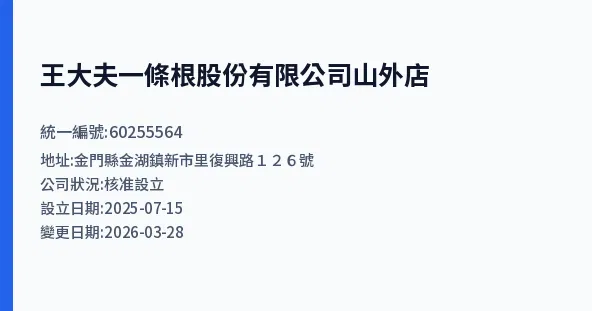 王大夫一條根股份有限公司山外店的照片-統編 60255564(金門縣) 公司登記資料與營業項目詳細圖表