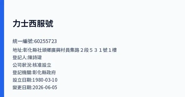 力士西服號的照片-統編 60255723(彰化縣) 公司登記資料與營業項目詳細圖表