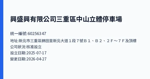 興盛興有限公司三重區中山立體停車場的照片-統編 60256347(新北市) 公司登記資料與營業項目詳細圖表