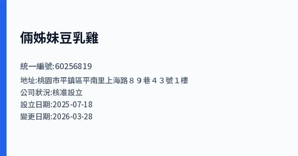 倆姊妹豆乳雞的照片-統編 60256819(桃園市) 公司登記資料與營業項目詳細圖表