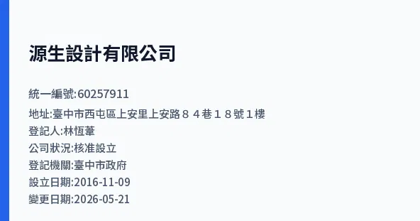 源生設計有限公司的照片-統編 60257911(臺中市) 公司登記資料與營業項目詳細圖表
