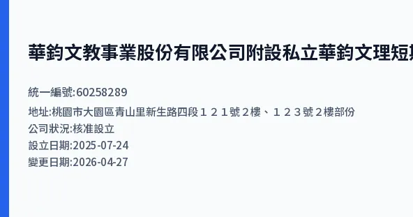 華鈞文教事業股份有限公司附設私立華鈞文理短期補習班的照片-統編 60258289(桃園市) 公司登記資料與營業項目詳細圖表