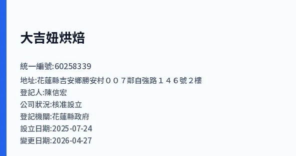大吉妞烘焙的照片-統編 60258339(花蓮縣) 公司登記資料與營業項目詳細圖表