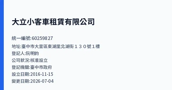 大立小客車租賃有限公司的照片-統編 60259827(臺中市) 公司登記資料與營業項目詳細圖表