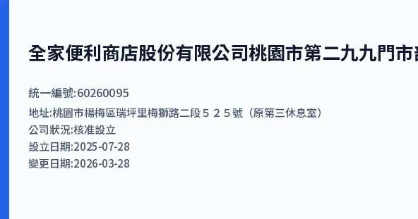 全家便利商店股份有限公司桃園市第二九九門市部的照片-統編 60260095(桃園市) 公司登記資料與營業項目詳細圖表