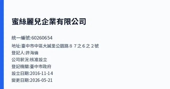 蜜絲麗兒企業有限公司的照片-統編 60260654(臺中市) 公司登記資料與營業項目詳細圖表