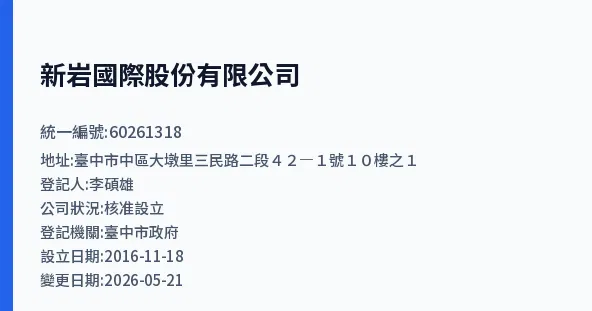 新岩國際股份有限公司的照片-統編 60261318(臺中市) 公司登記資料與營業項目詳細圖表
