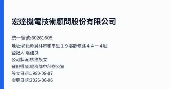 宏達機電技術顧問股份有限公司的照片-統編 60261605(彰化縣) 公司登記資料與營業項目詳細圖表