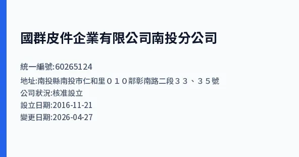 國群皮件企業有限公司南投分公司的照片-統編 60265124(南投縣) 公司登記資料與營業項目詳細圖表
