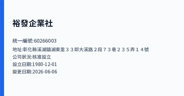 裕發企業社的照片-統編 60266003(彰化縣) 公司登記資料與營業項目詳細圖表