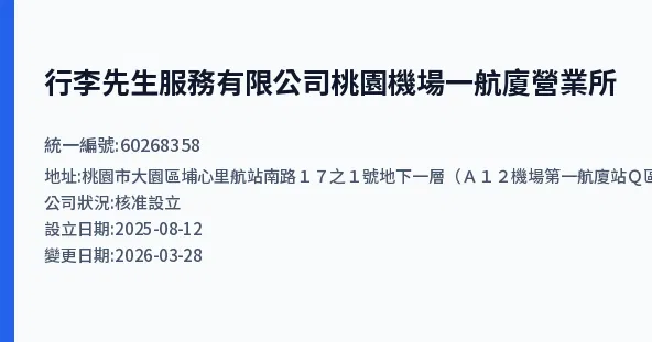 行李先生服務有限公司桃園機場一航廈營業所的照片-統編 60268358(桃園市) 公司登記資料與營業項目詳細圖表