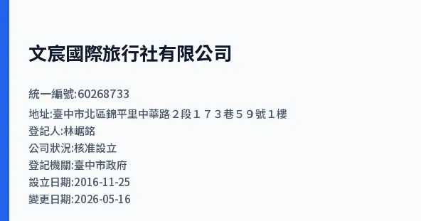 文宸國際旅行社有限公司的照片-統編 60268733(臺中市) 公司登記資料與營業項目詳細圖表