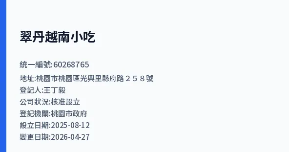 翠丹越南小吃的照片-統編 60268765(桃園市) 公司登記資料與營業項目詳細圖表