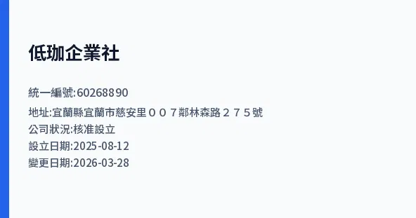 低珈企業社的照片-統編 60268890(宜蘭縣) 公司登記資料與營業項目詳細圖表