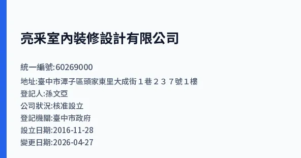 亮釆室內裝修設計有限公司的照片-統編 60269000(臺中市) 公司登記資料與營業項目詳細圖表