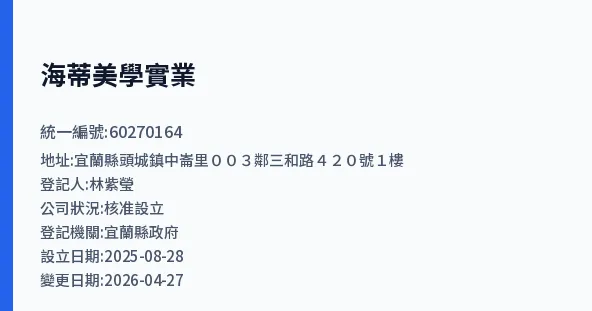 海蒂美學實業的照片-統編 60270164(宜蘭縣) 公司登記資料與營業項目詳細圖表