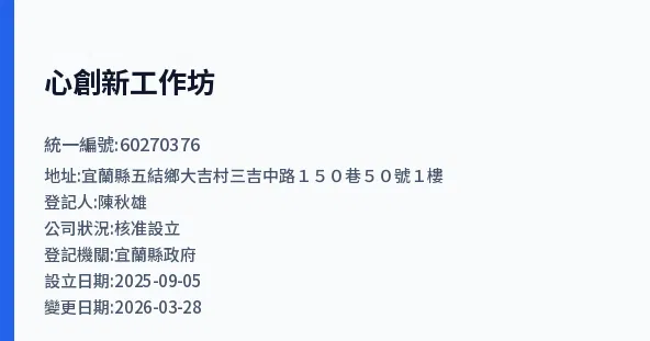 心創新工作坊的照片-統編 60270376(宜蘭縣) 公司登記資料與營業項目詳細圖表