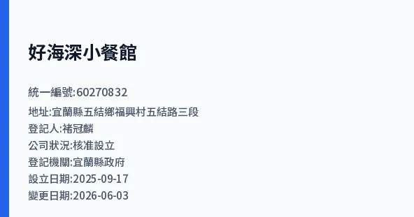 好海深小餐館的照片-統編 60270832(宜蘭縣) 公司登記資料與營業項目詳細圖表