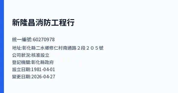 新隆昌消防工程行的照片-統編 60270978(彰化縣) 公司登記資料與營業項目詳細圖表