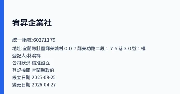 宥昇企業社的照片-統編 60271179(宜蘭縣) 公司登記資料與營業項目詳細圖表