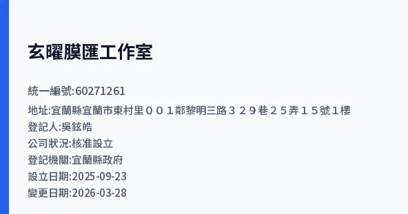玄曜膜匯工作室的照片-統編 60271261(宜蘭縣) 公司登記資料與營業項目詳細圖表
