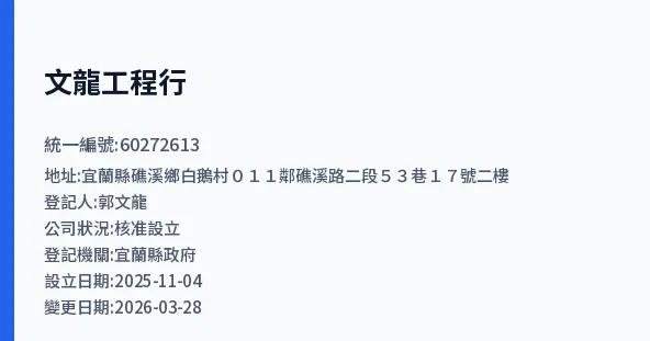 文龍工程行的照片-統編 60272613(宜蘭縣) 公司登記資料與營業項目詳細圖表