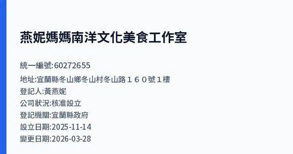 燕妮媽媽南洋文化美食工作室的照片-統編 60272655(宜蘭縣) 公司登記資料與營業項目詳細圖表