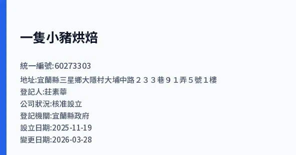 一隻小豬烘焙的照片-統編 60273303(宜蘭縣) 公司登記資料與營業項目詳細圖表