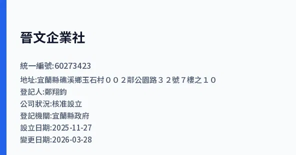 晉文企業社的照片-統編 60273423(宜蘭縣) 公司登記資料與營業項目詳細圖表