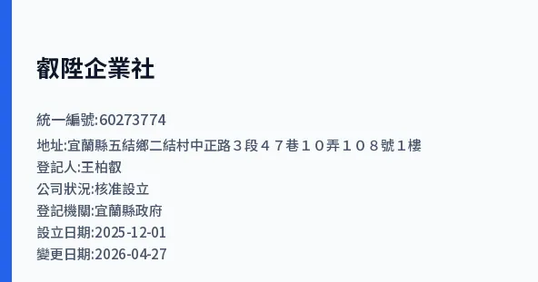 叡陞企業社的照片-統編 60273774(宜蘭縣) 公司登記資料與營業項目詳細圖表