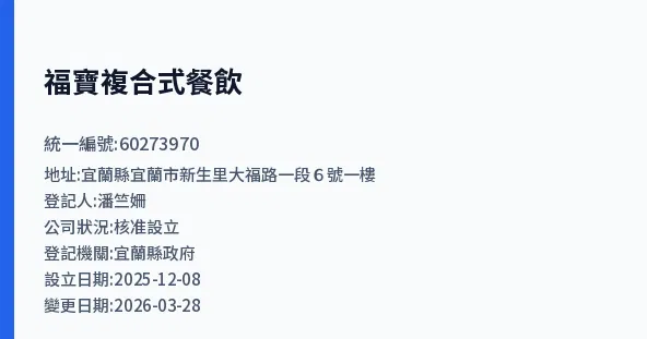 福寶複合式餐飲的照片-統編 60273970(宜蘭縣) 公司登記資料與營業項目詳細圖表