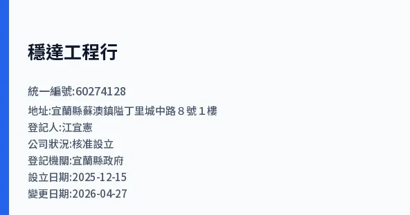 穩達工程行的照片-統編 60274128(宜蘭縣) 公司登記資料與營業項目詳細圖表