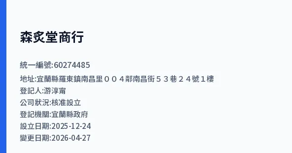 森炙堂商行的照片-統編 60274485(宜蘭縣) 公司登記資料與營業項目詳細圖表