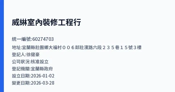 威綝室內裝修工程行的照片-統編 60274703(宜蘭縣) 公司登記資料與營業項目詳細圖表