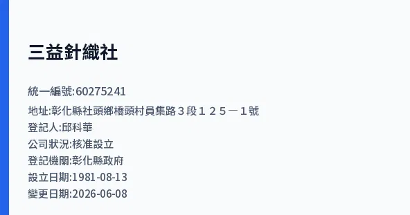三益針織社的照片-統編 60275241(彰化縣) 公司登記資料與營業項目詳細圖表
