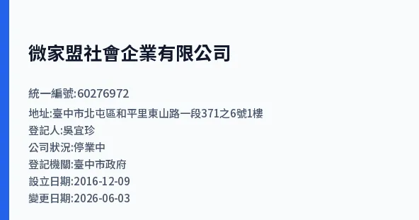 微家盟社會企業有限公司的照片-統編 60276972(臺中市) 公司登記資料與營業項目詳細圖表