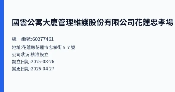 國雲公寓大廈管理維護股份有限公司花蓮忠孝場的照片-統編 60277461(花蓮縣) 公司登記資料與營業項目詳細圖表