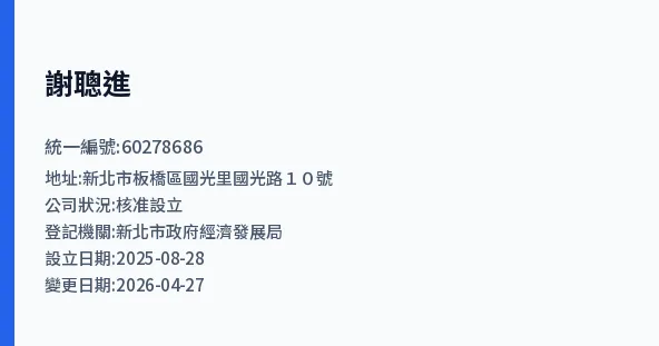 謝聰進的照片-統編 60278686(新北市) 公司登記資料與營業項目詳細圖表